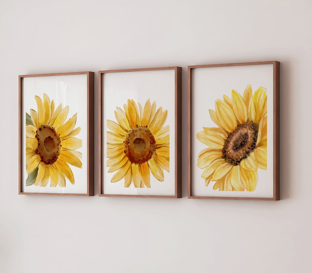 Sunflower Watercolor Prints Set of 3, Botanical Floral Art (digital ...