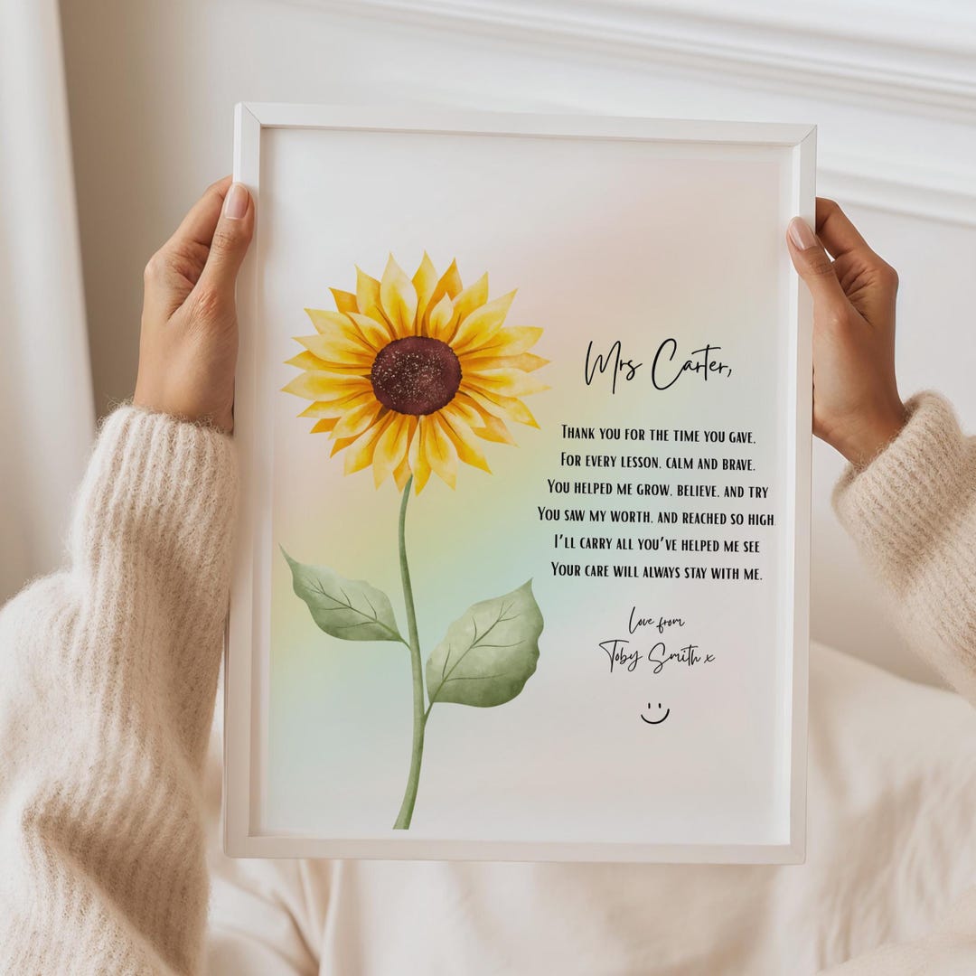 Personalised Teacher Gift, Sunflower & Rainbow Print, Nursery Keyworker ...