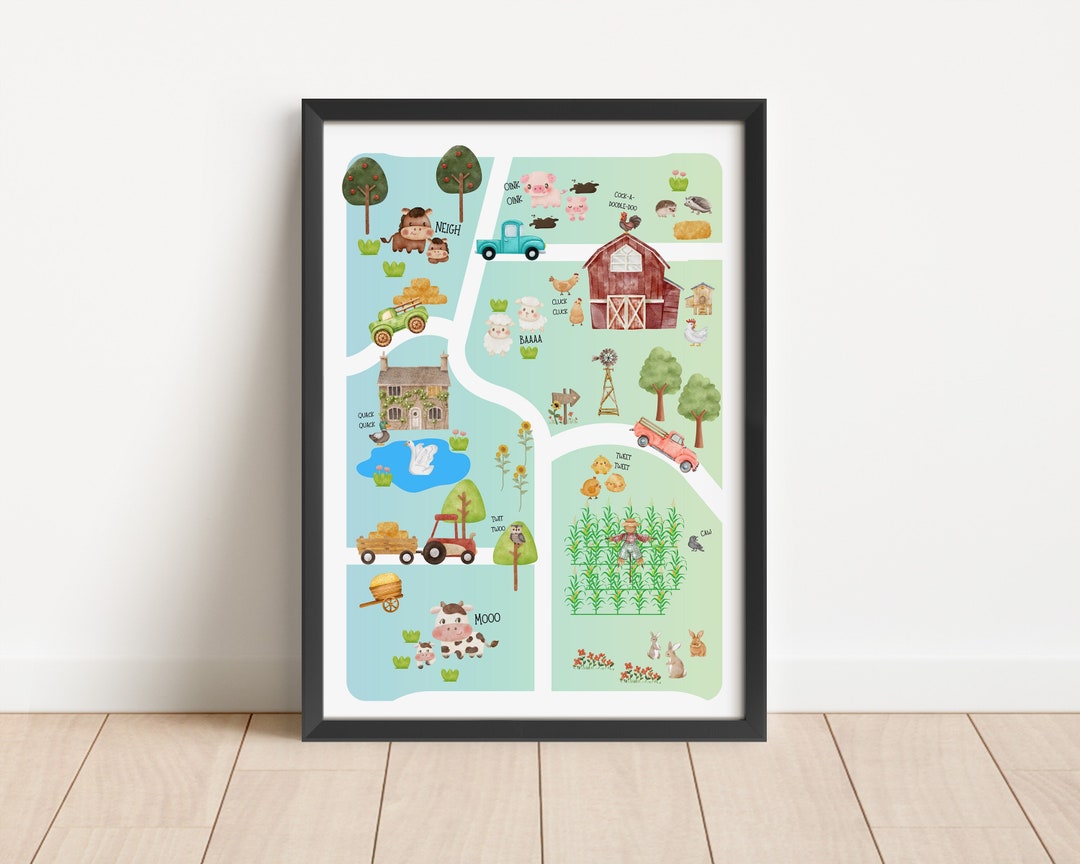 Farm Nursery Poster, Farm Map Watercolour, Farm Nursery Art, Rustic ...