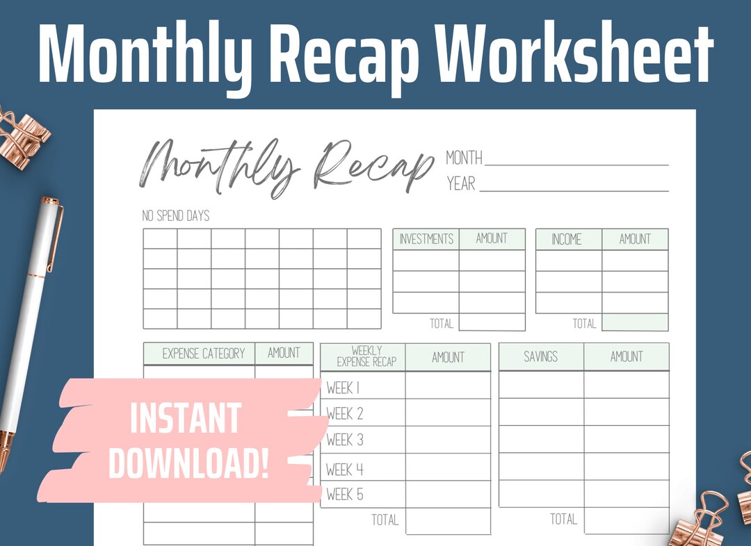 Monthly Budget Recap Worksheet, Monthly Budget Printable Planner Insert ...