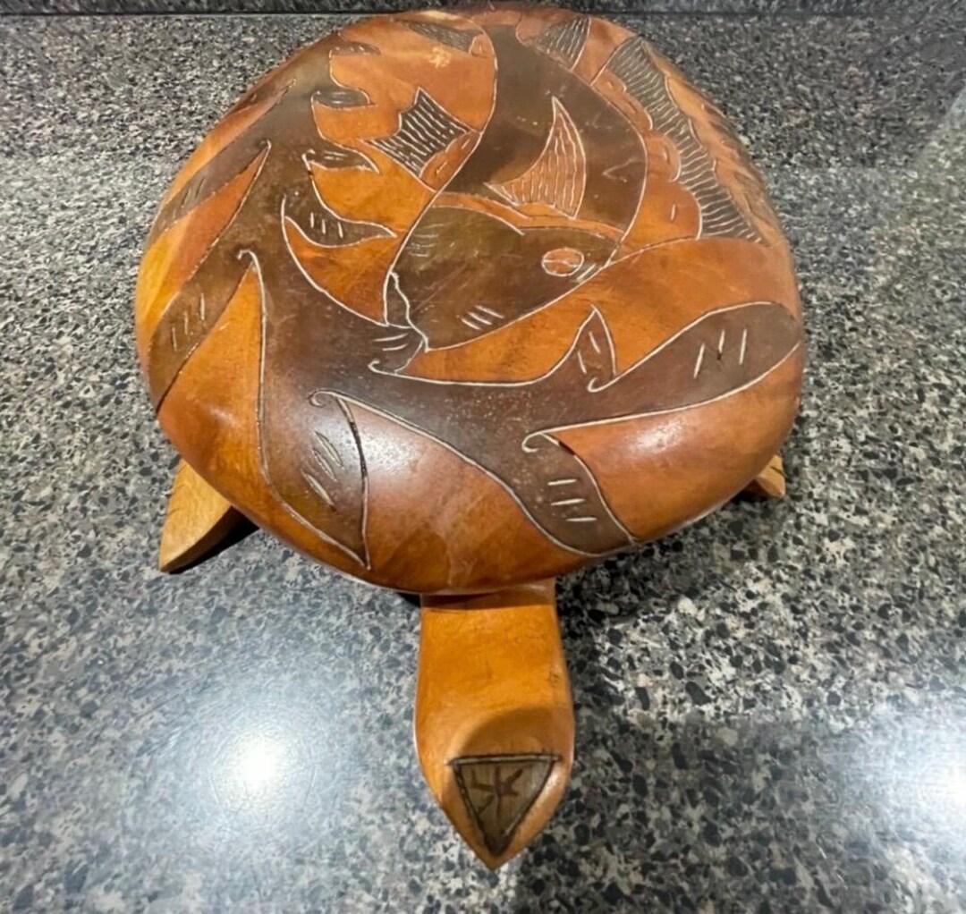Vintage Hand-carved Wooden Turtle Trinket Box – 15" X 9" X 3", Lidded ...