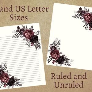 Dark Romantic Roses Printable Stationery With and Without Lines Digital ...