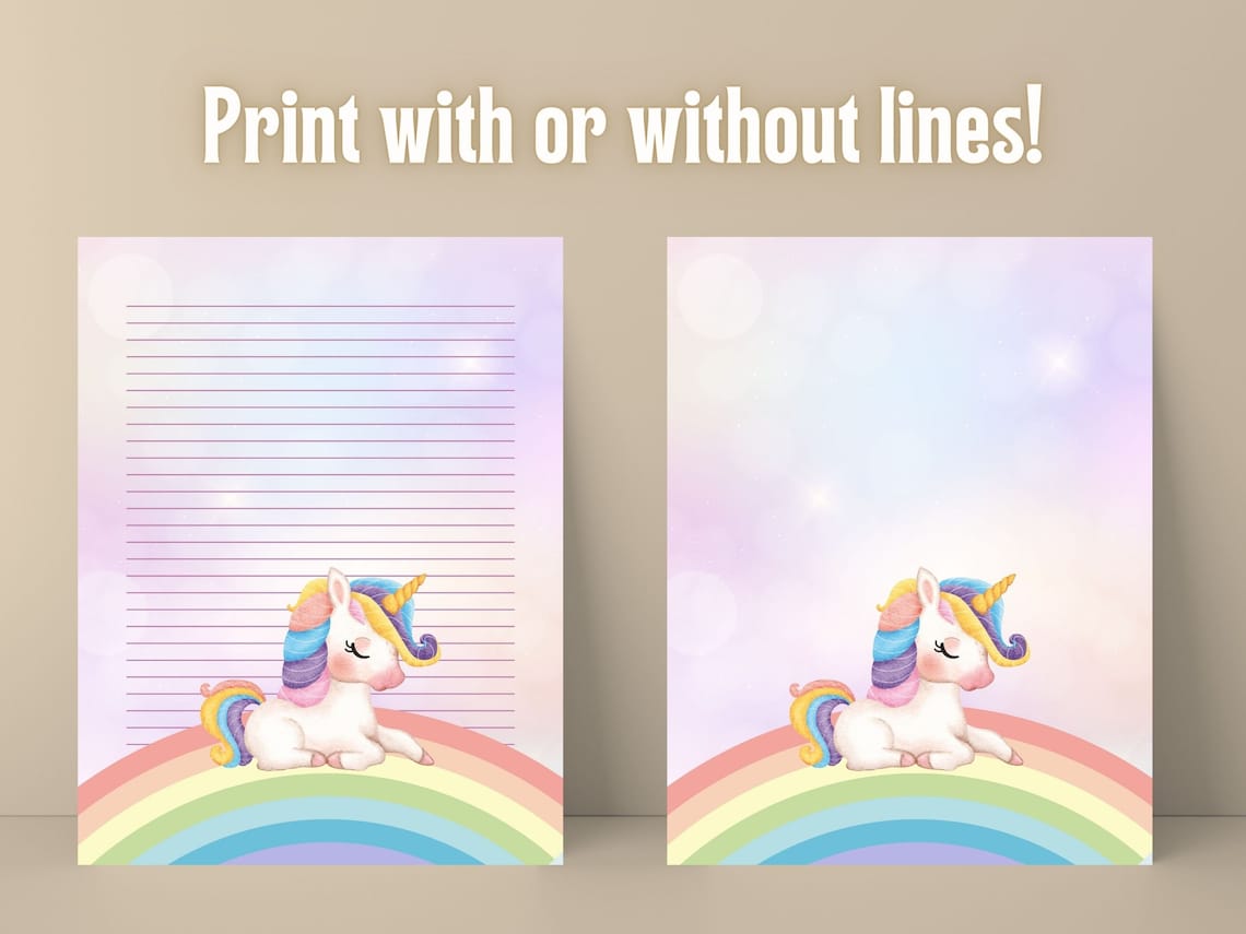 Cute Rainbow Unicorn Printable Stationery Paper W/ Lines and Without ...