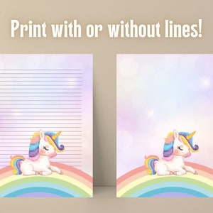 Cute Rainbow Unicorn Printable Stationery Paper W/ Lines and Without ...