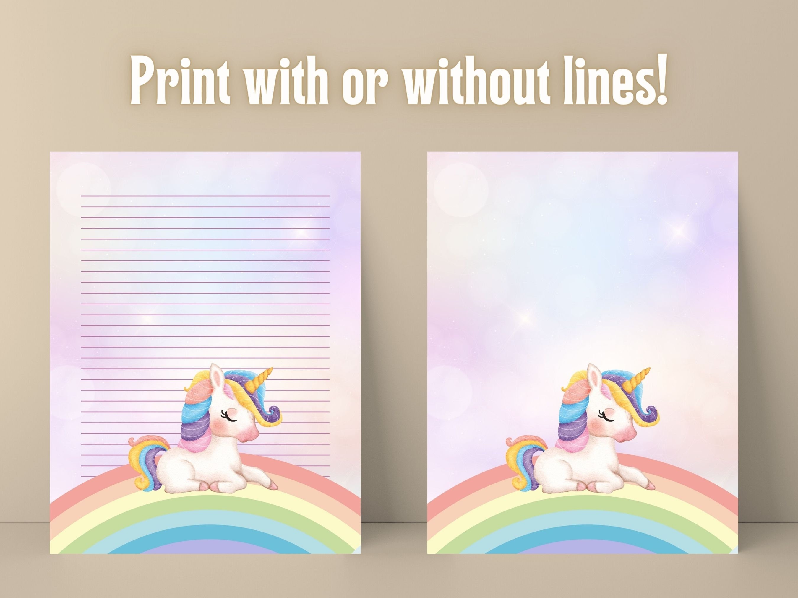 Cute Rainbow Unicorn Printable Stationery Paper W/ Lines and Without ...