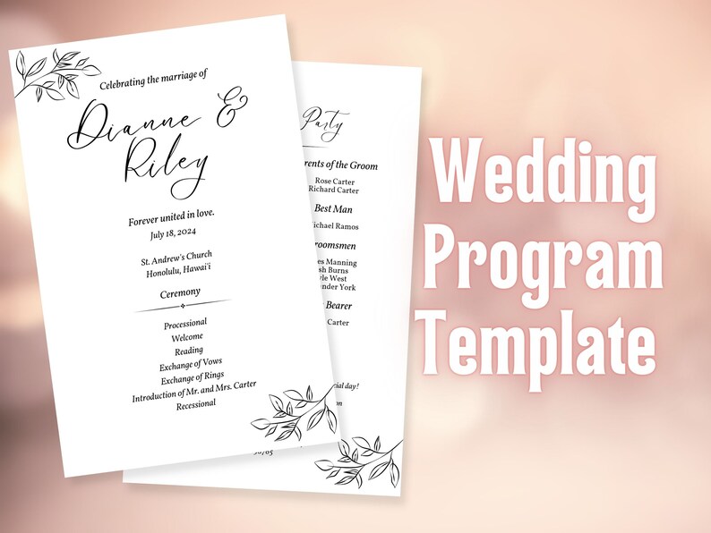 Printable Elegant Wedding Program Template Customizable for You to ...
