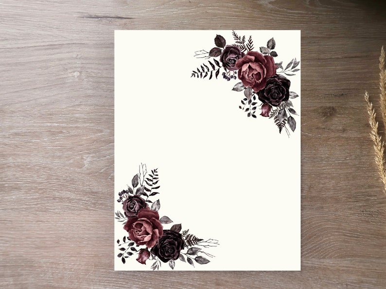 Dark Romantic Roses Printable Stationery With and Without Lines Digital ...