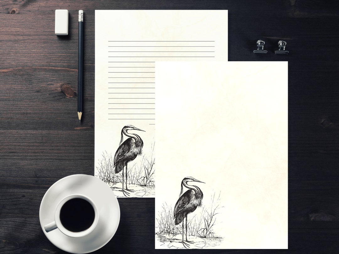 Vintage Heron Bird Printable Stationery Ruled and Unruled in A4 and ...