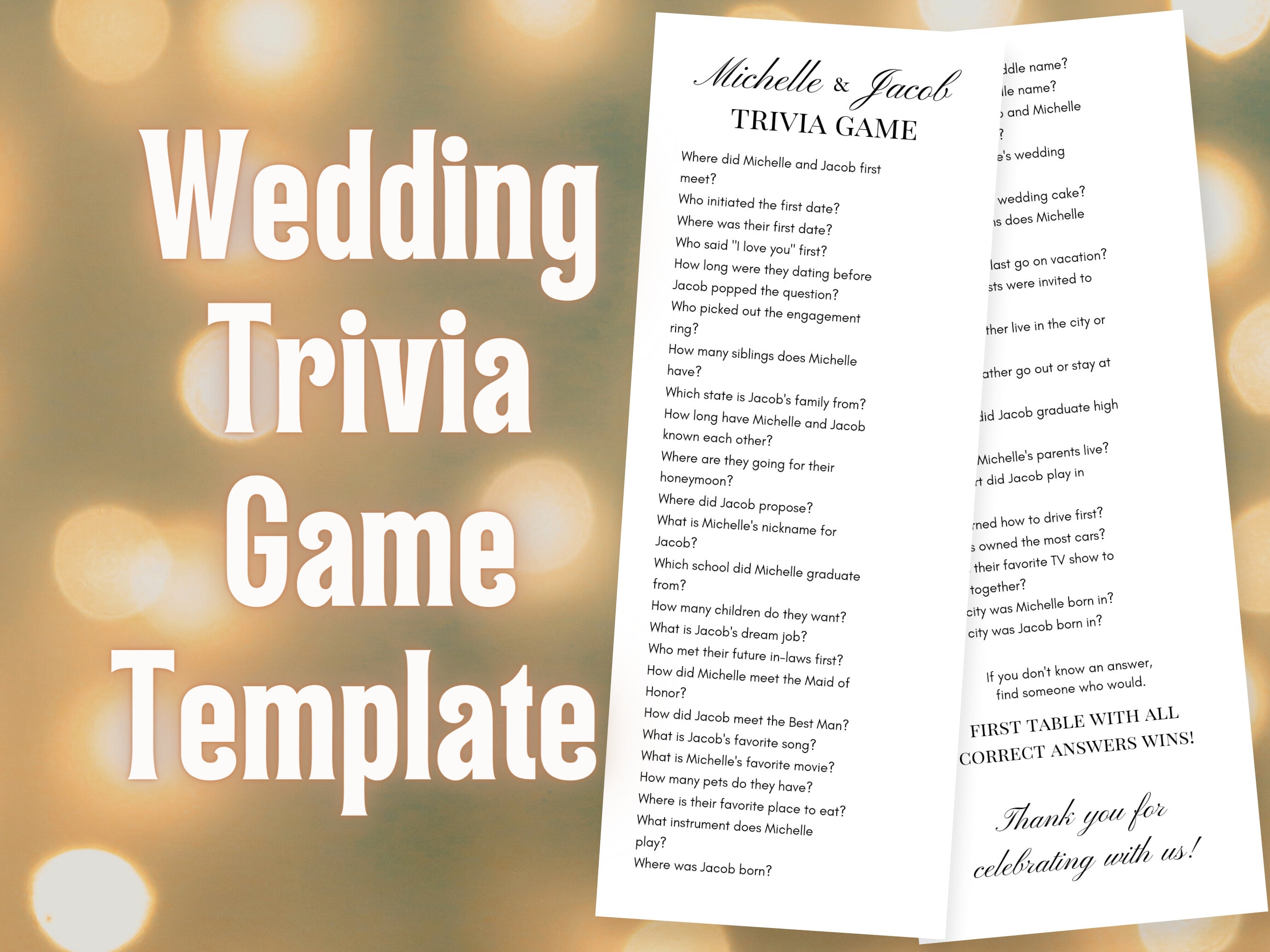Printable Wedding Trivia Game Template | Bridal Shower Game or Fun ...