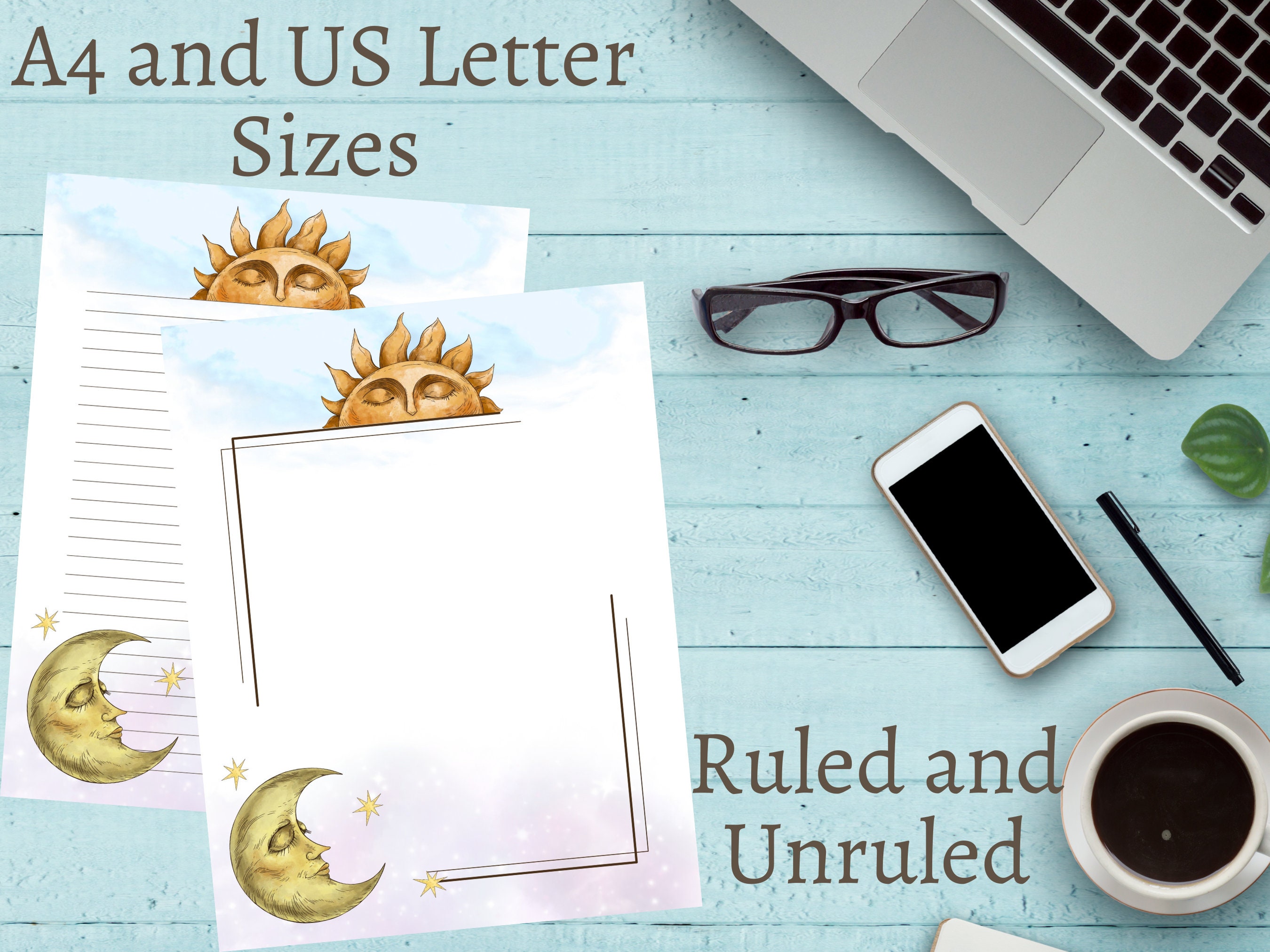 Vintage Celestial Sun and Moon Printable Stationery W/ Lines and ...