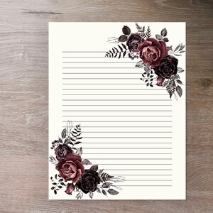 Dark Romantic Roses Printable Stationery With and Without Lines Digital ...