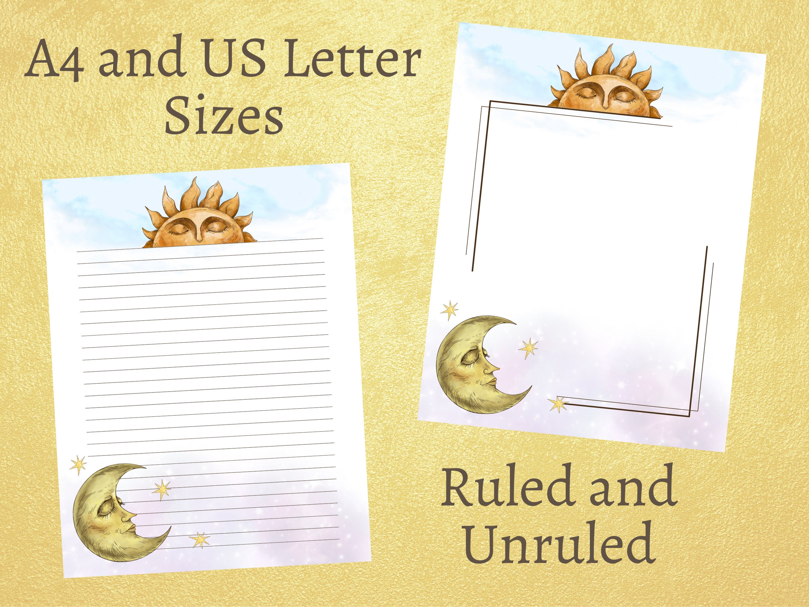 Vintage Celestial Sun and Moon Printable Stationery W/ Lines and ...