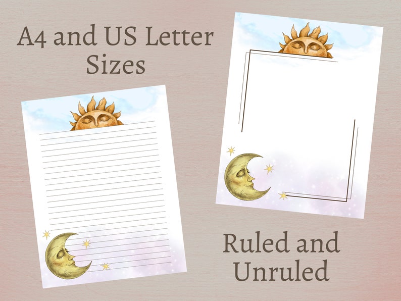 Vintage Celestial Sun and Moon Printable Stationery W/ Lines and ...
