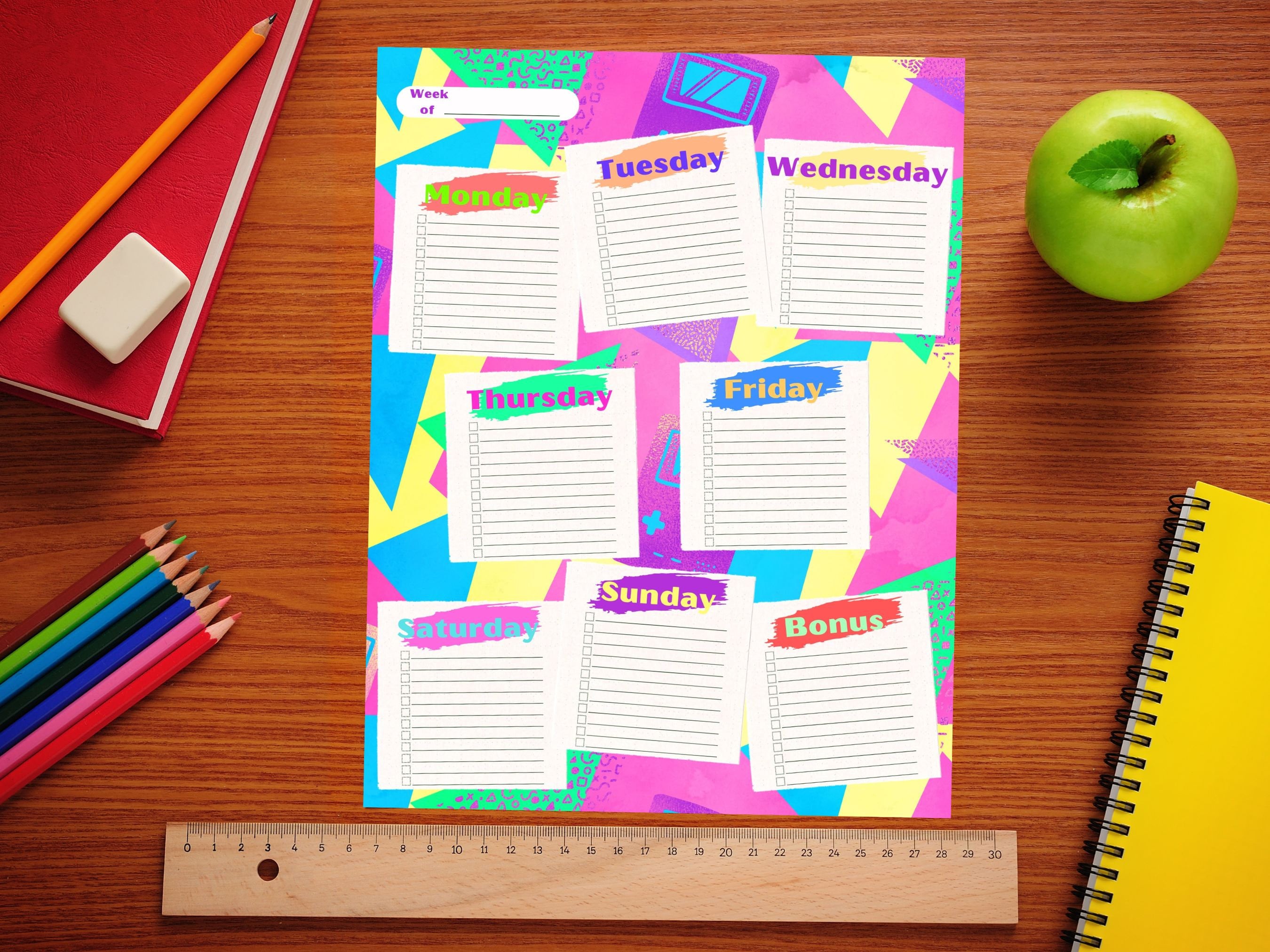 Fun and Colorful Retro 90s Aesthetic Weekly Planner Checklist for ...