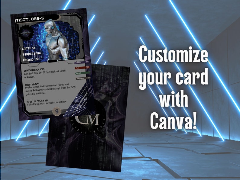 Dark Futuristic Character Card Template - Editable DIY TCG - Customize ...