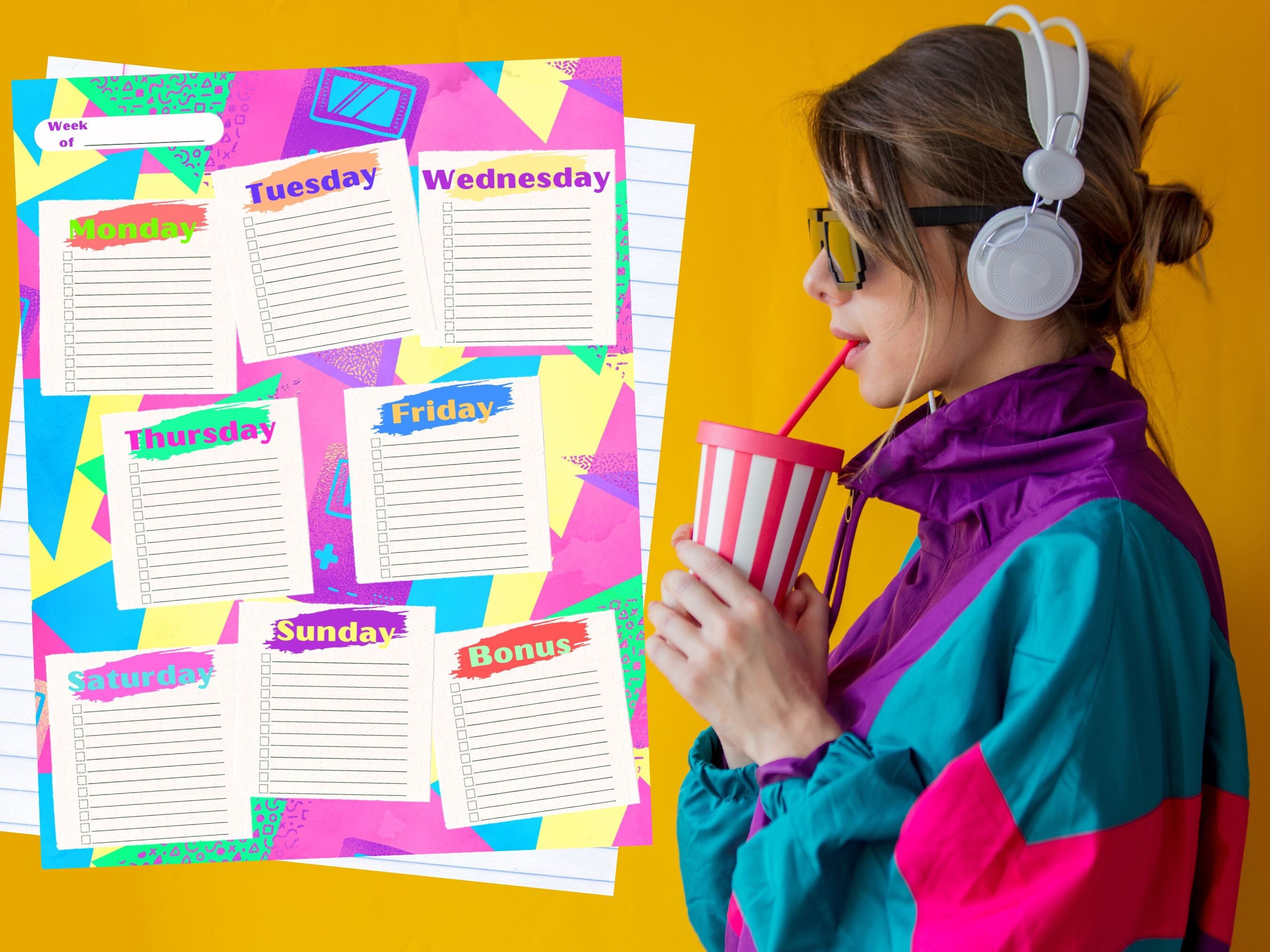 Fun and Colorful Retro 90s Aesthetic Weekly Planner Checklist for ...