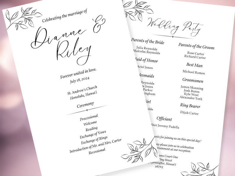 Printable Elegant Wedding Program Template Customizable for - Etsy