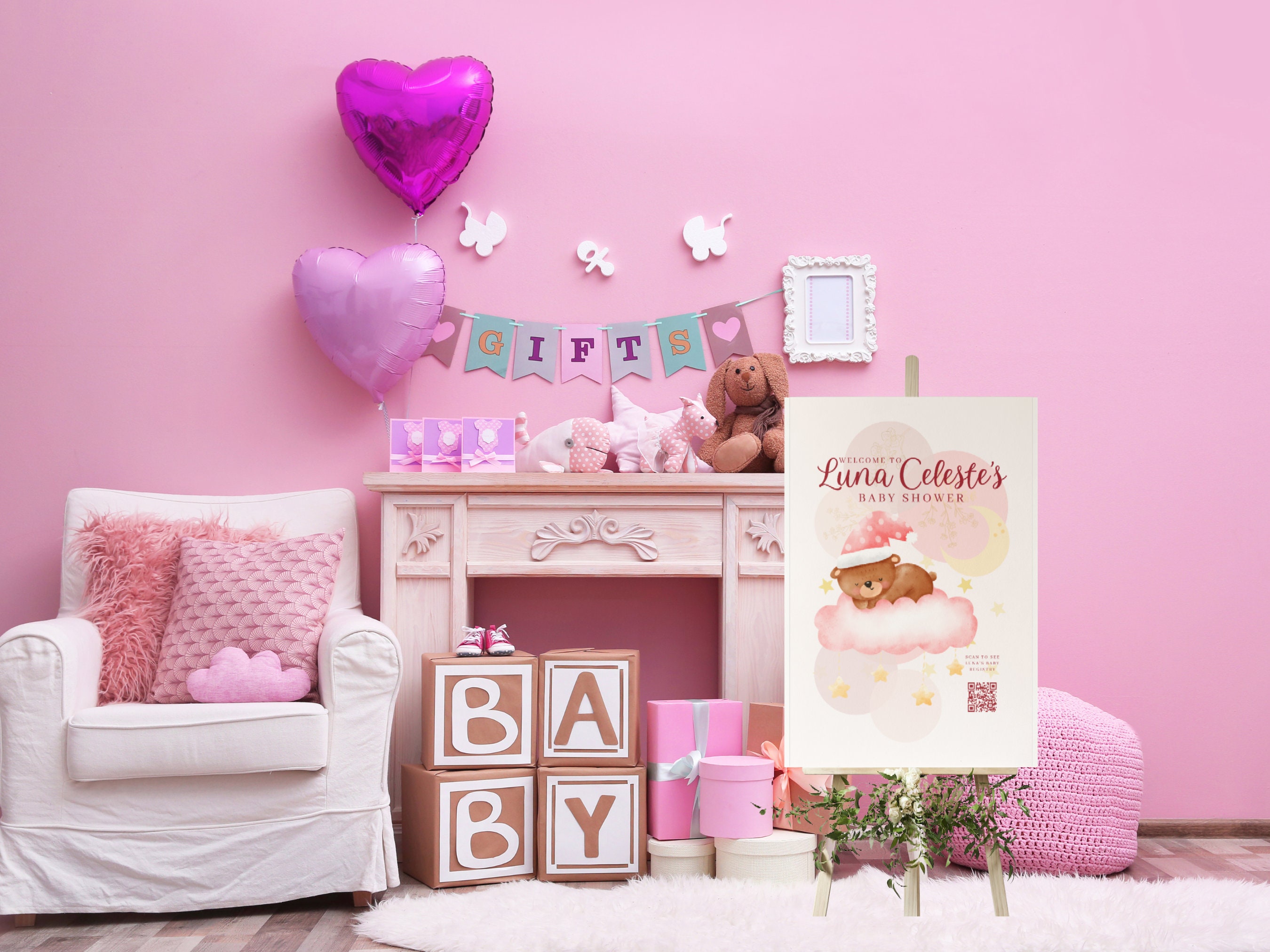Printable Baby Shower Sign With QR Code Cute Pink Teddy Bear Design - Etsy