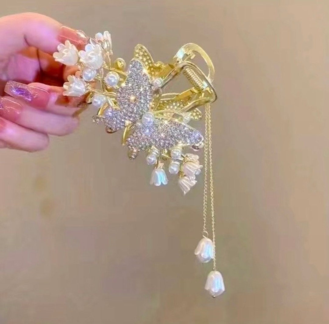 Bridal Butterfly and Tulips Flower Rhinestone Pearl Hair Clip - Etsy
