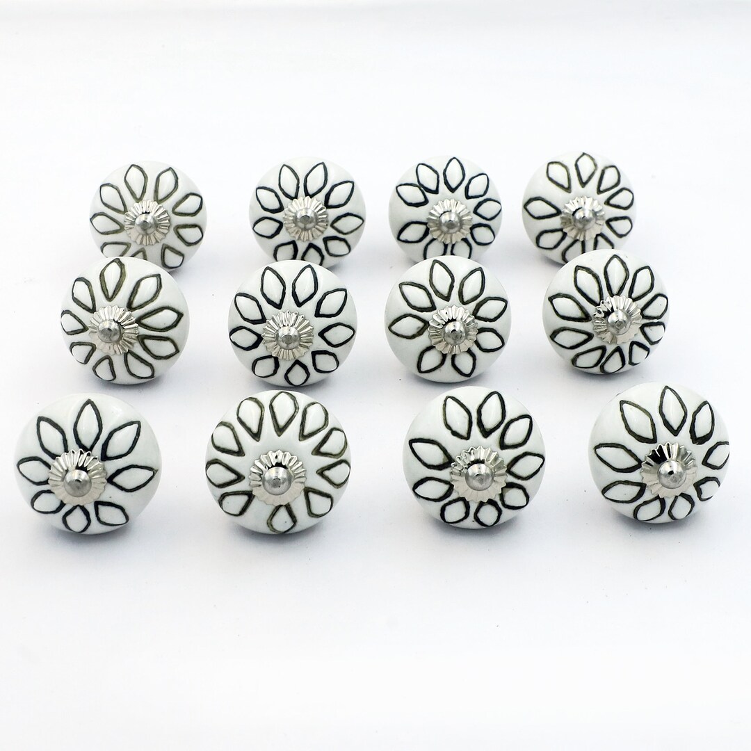 Thedenstyle Assorted Round Engraved Black & White Handmade Ceramic Knobs / Ceramic Drawer Pulls ...