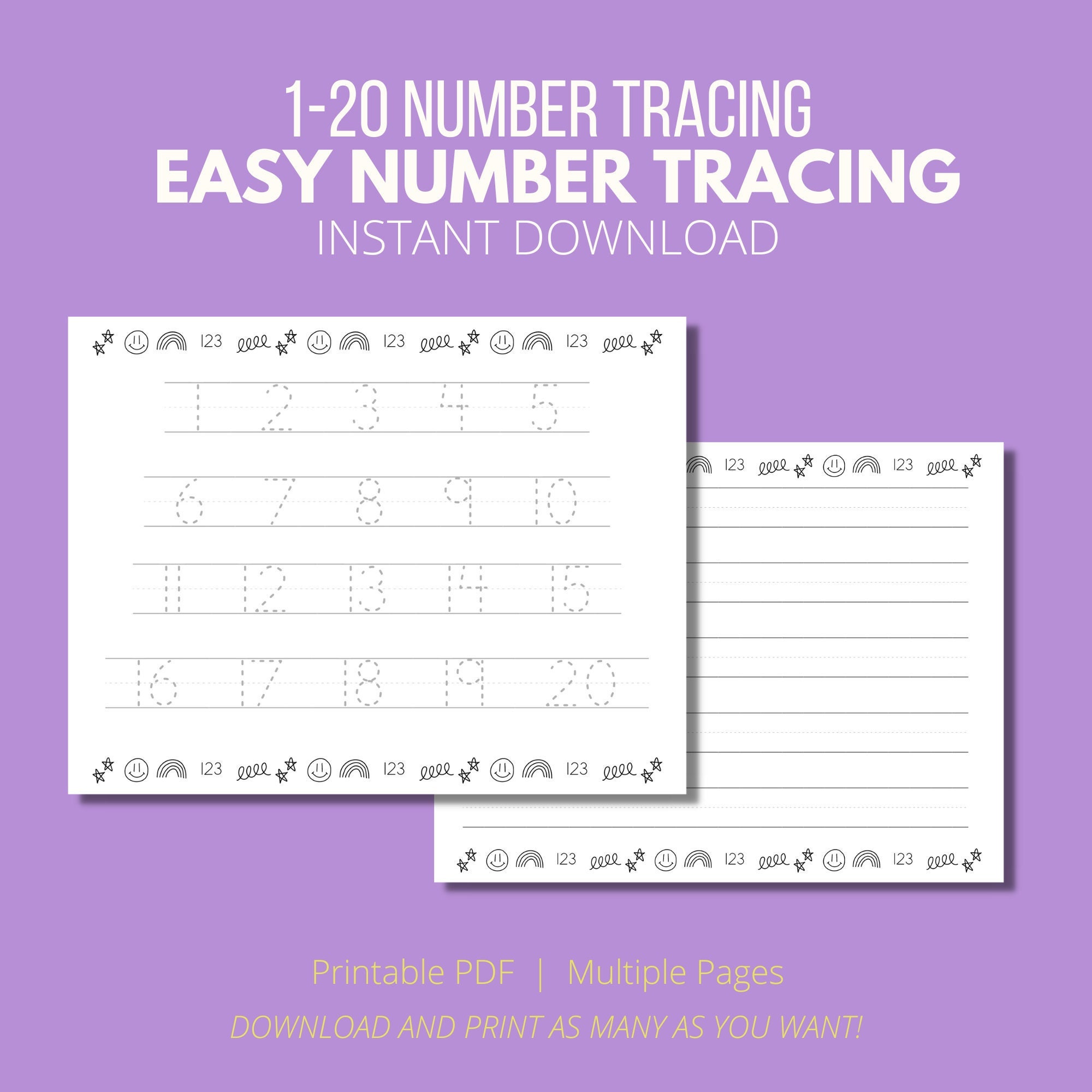 Number Tracing Worksheet 1-20 Tracing Preschool Math - Etsy