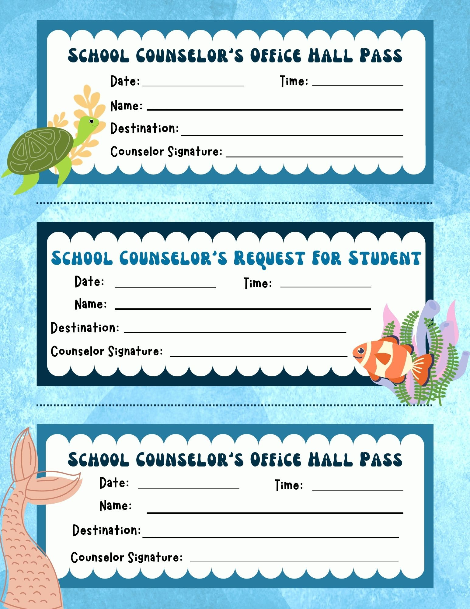 Personalized Student Hall Passes, Download & Print Under the Sea Hall ...