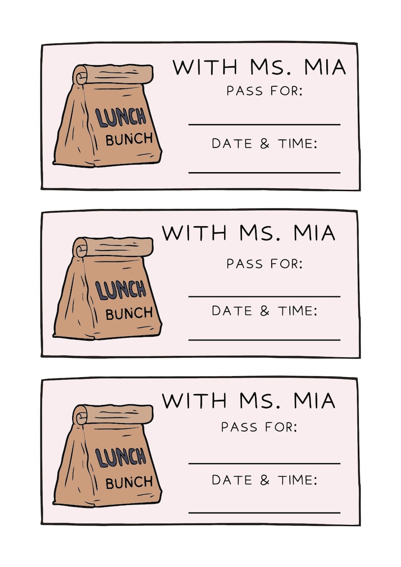 Personalized Lunch Bunch Passes Digital Download, Ready to Print Lunch ...