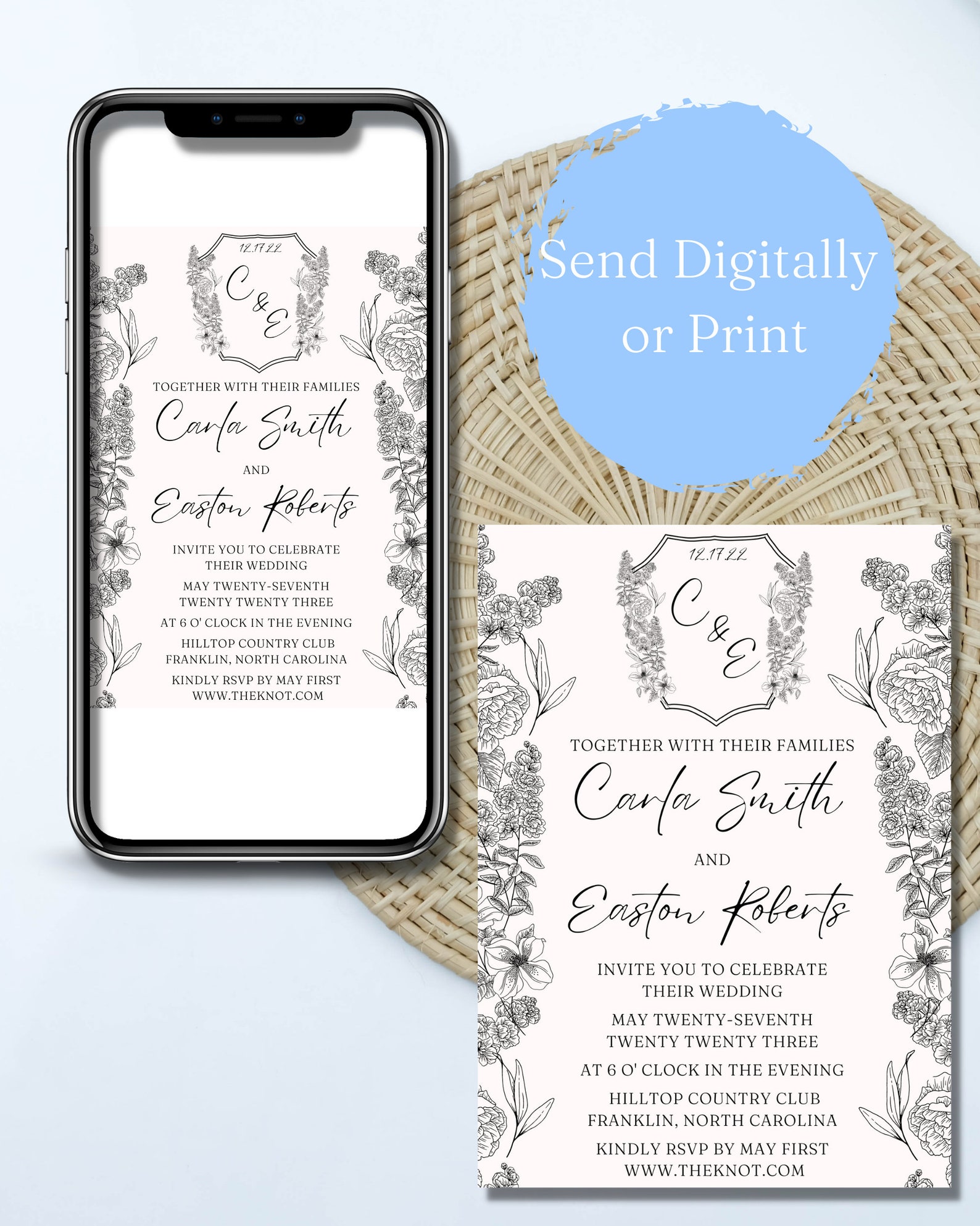 Botanical Wedding Invitation Template, Floral Wedding Invite, Modern ...