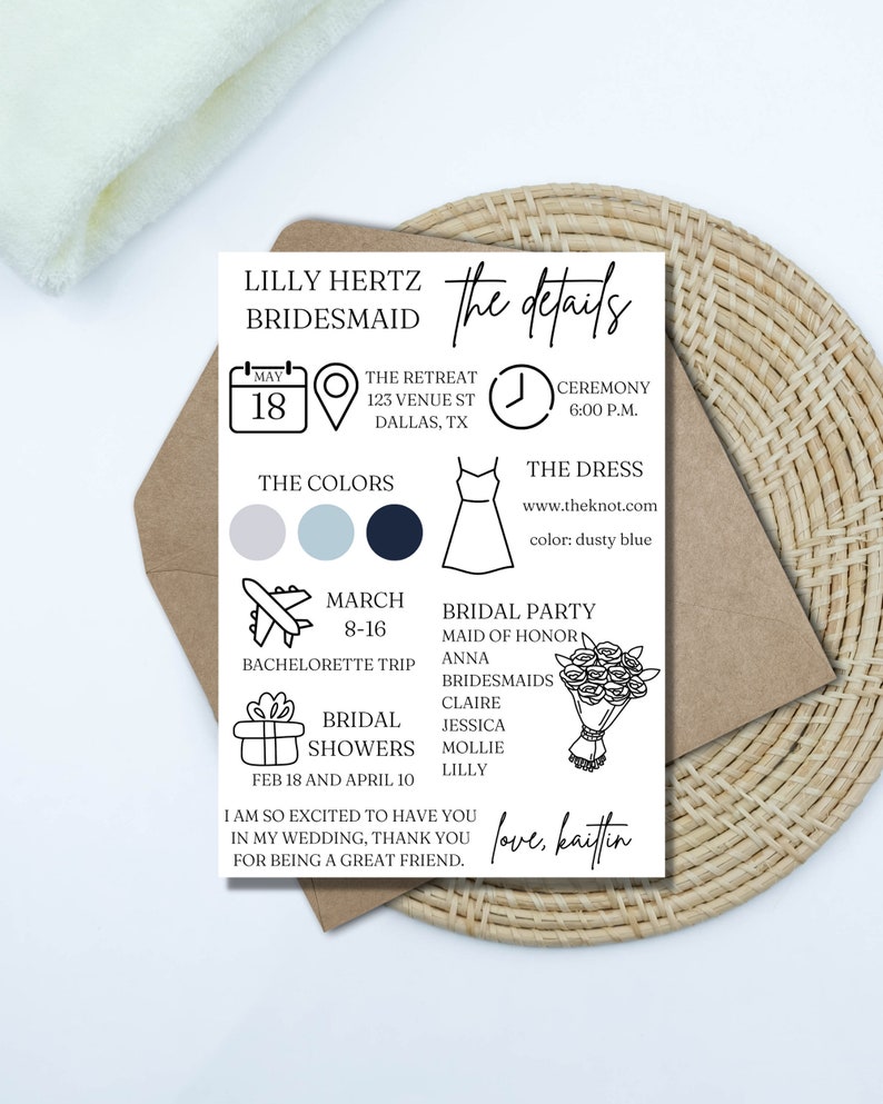Bridesmaid Details Card Template, Bridesmaid Proposal Card, Wedding Details Sheet , Bridesmaid ...