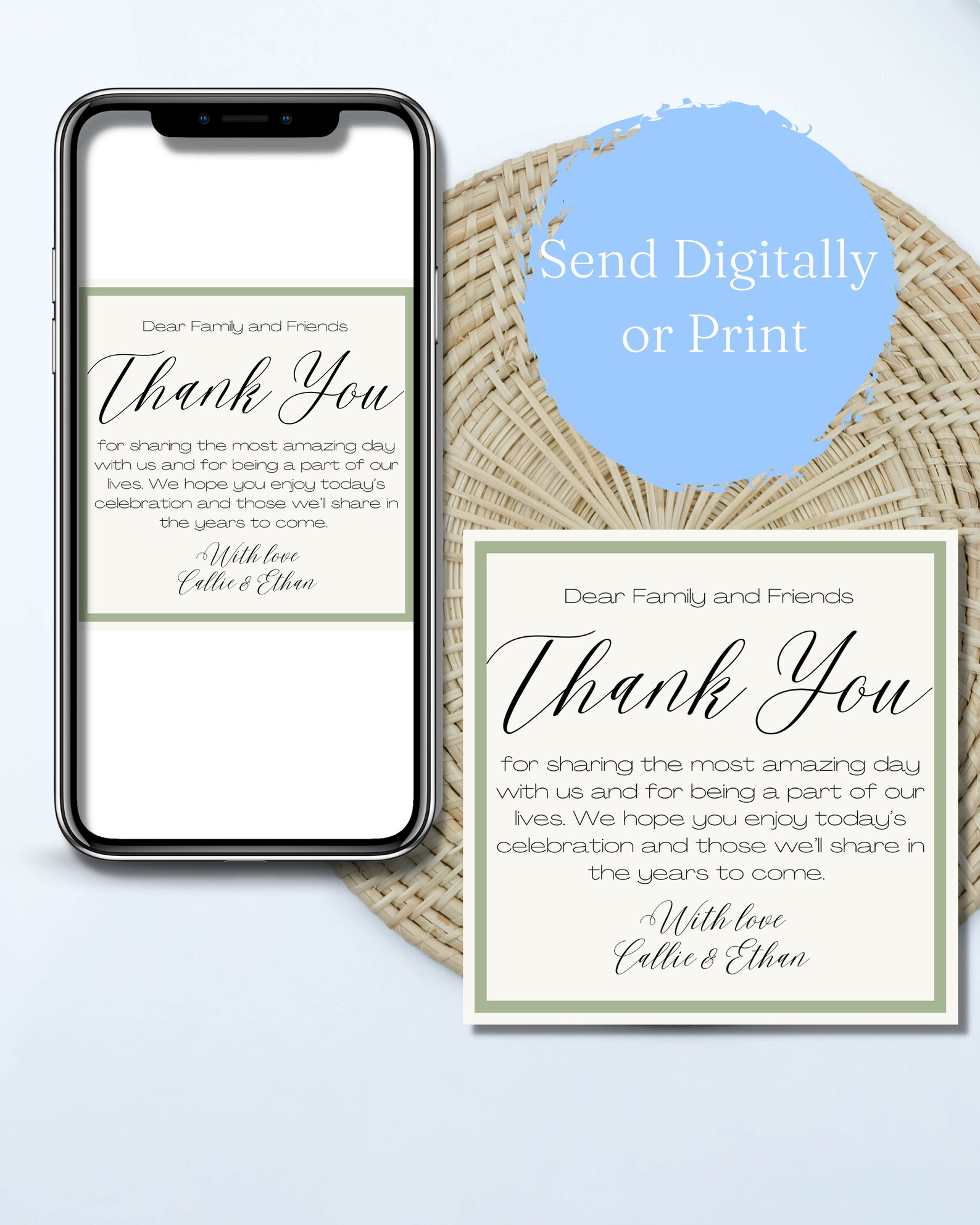 Sage Green Wedding Thank You Place Card, Square Minimal Wedding Thank ...