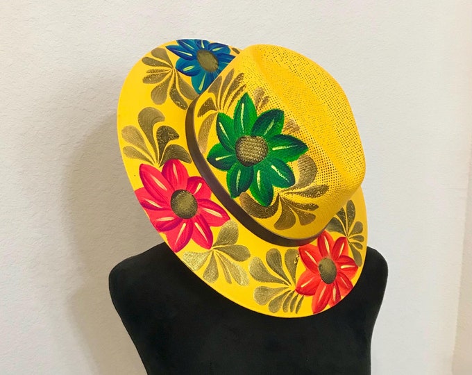 High Quality Hand Painted Sun Hat, One of a Kind Handmade, Yellow ...