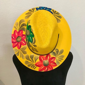 High Quality Hand Painted Sun Hat, One of a Kind Handmade, Yellow ...