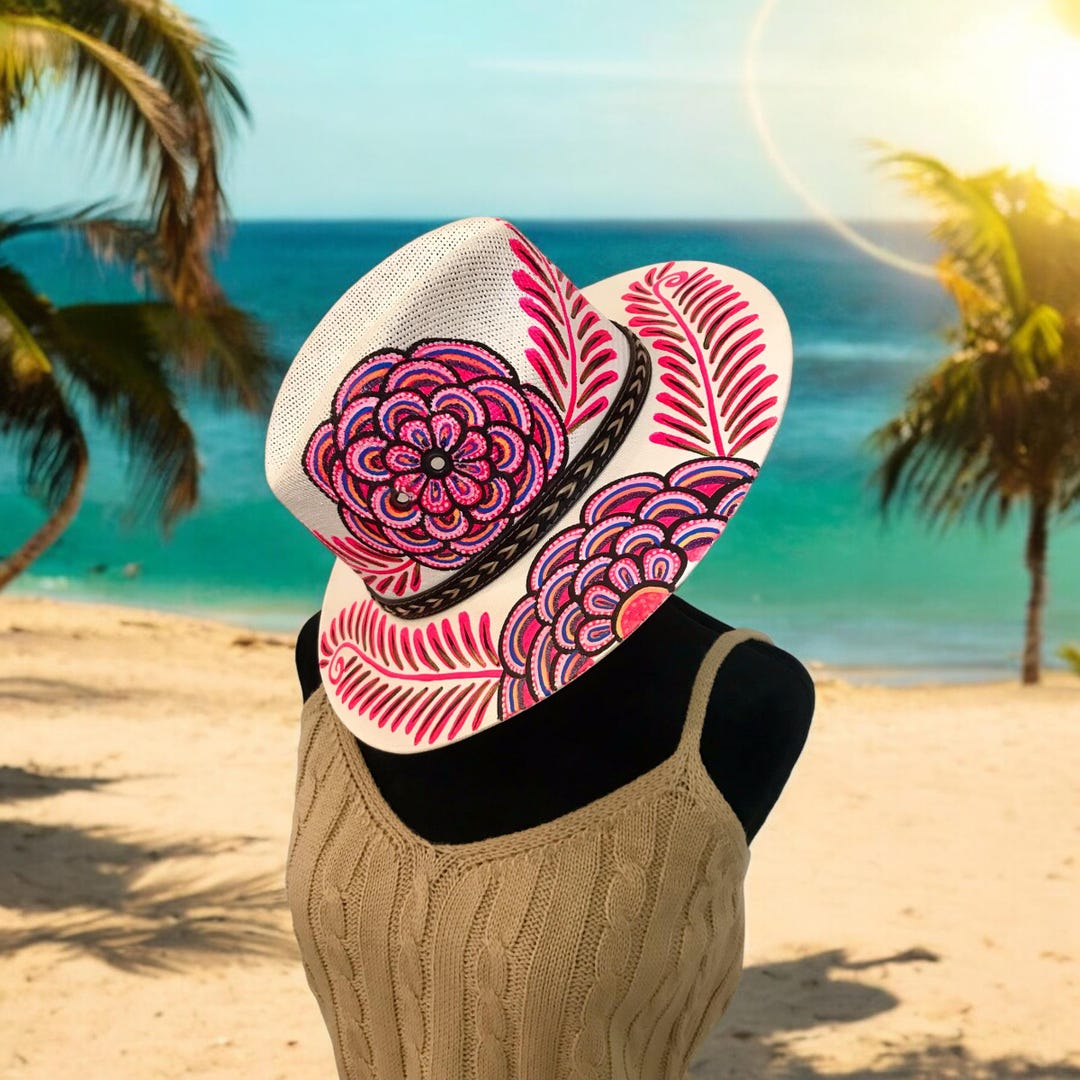Hand Painted Pink Floral Sunhat, One of a Kind Hat, Summer Hats ...