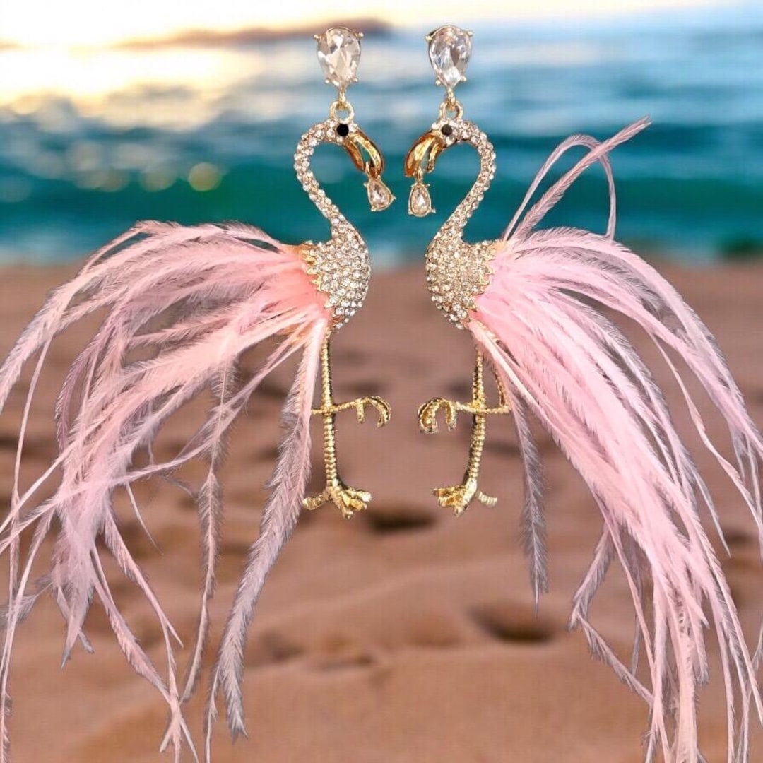Flamboyant Flamingo, Rhinestone Flamingo Earrings With Pink Feathers - Etsy