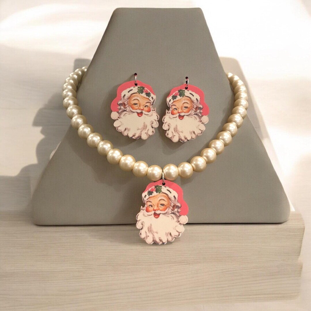 Vintage Santa Pearl Necklace and Earrings, Wood Hand Painted ...