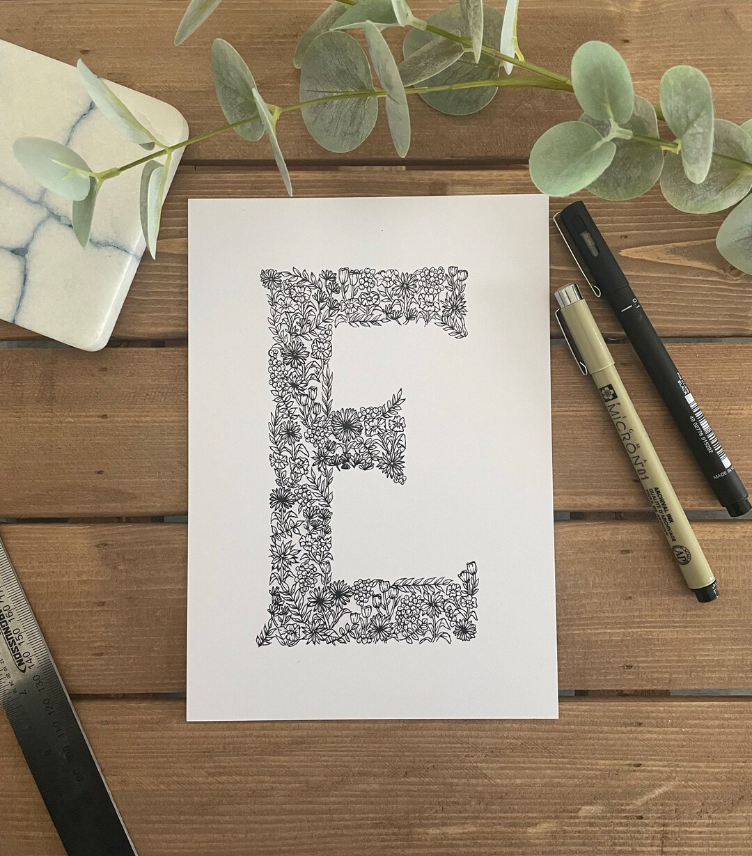 Digital Letter E Print Hand Drawn Floral Illustration - Etsy