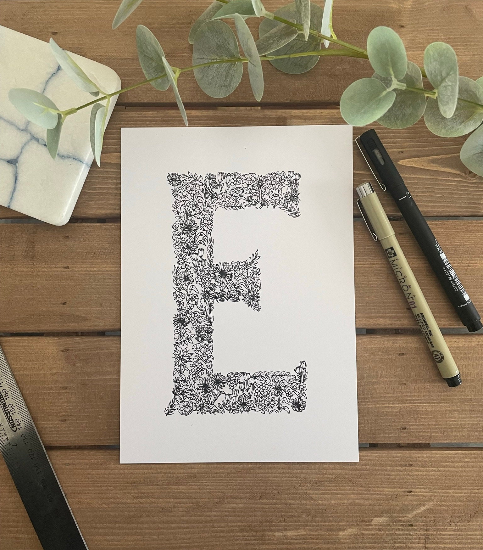 Digital Letter E Print Hand Drawn Floral Illustration - Etsy