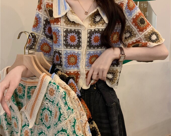 Colorful Women's Crochet Knitted Top-spring and Autumn Hand Knitted Top ...