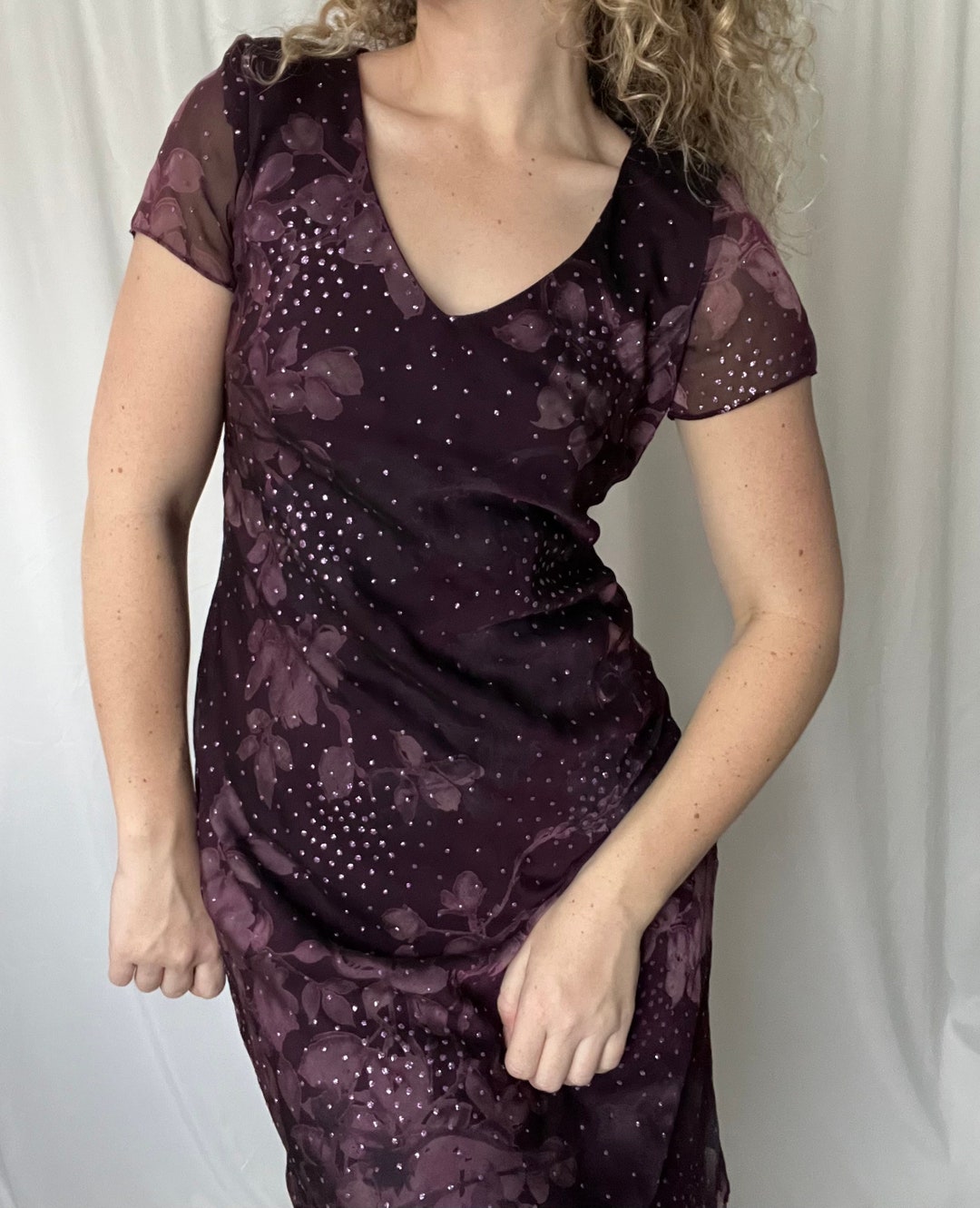 Y2K Positive Attitude Purple Dress With Floral Metallic Accents - Etsy