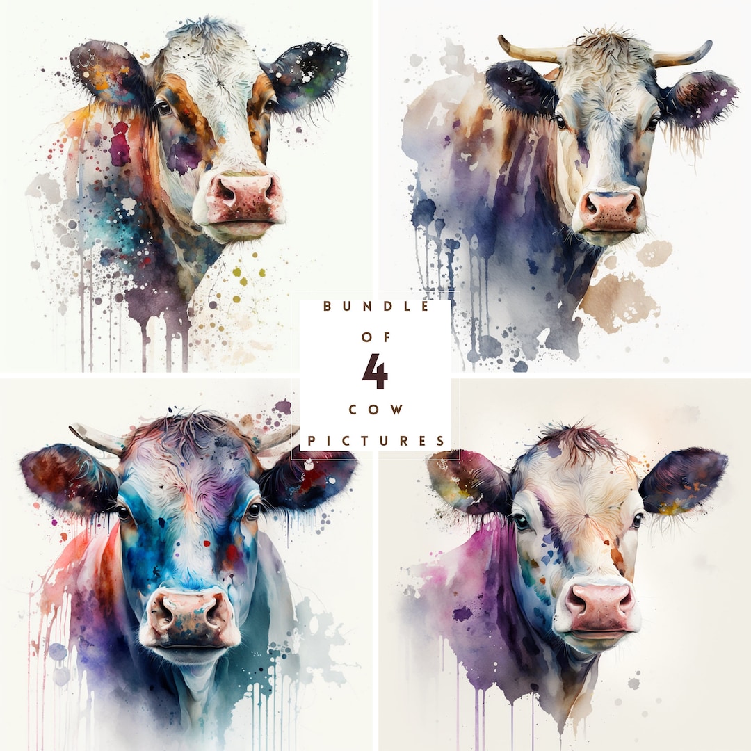 Bundle of 4 Cow Watercolor Art Print, Ai-generated Digital Painting ...