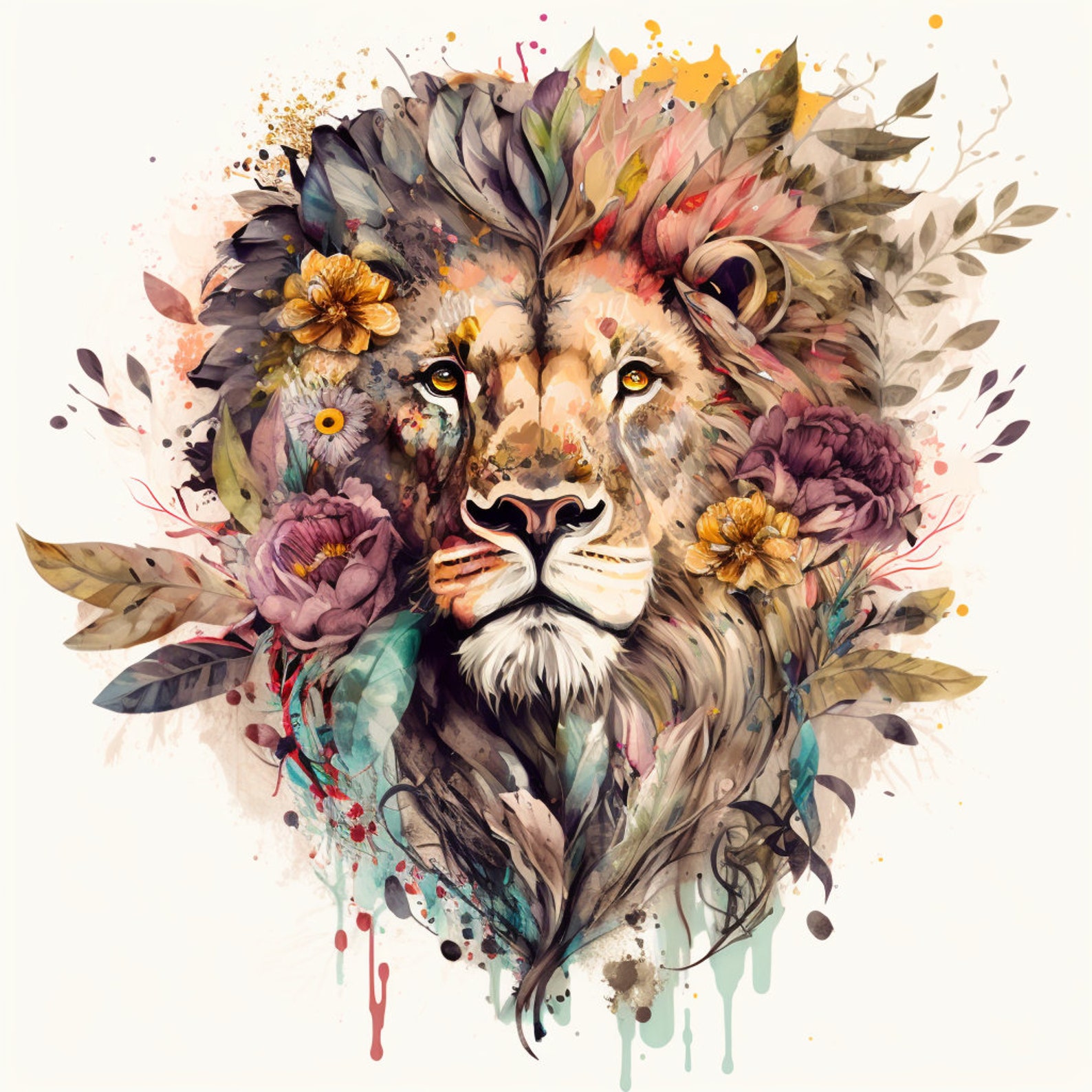 Bundle of 5 Lion Watercolor Art Print, Ai-generated Digital Painting ...