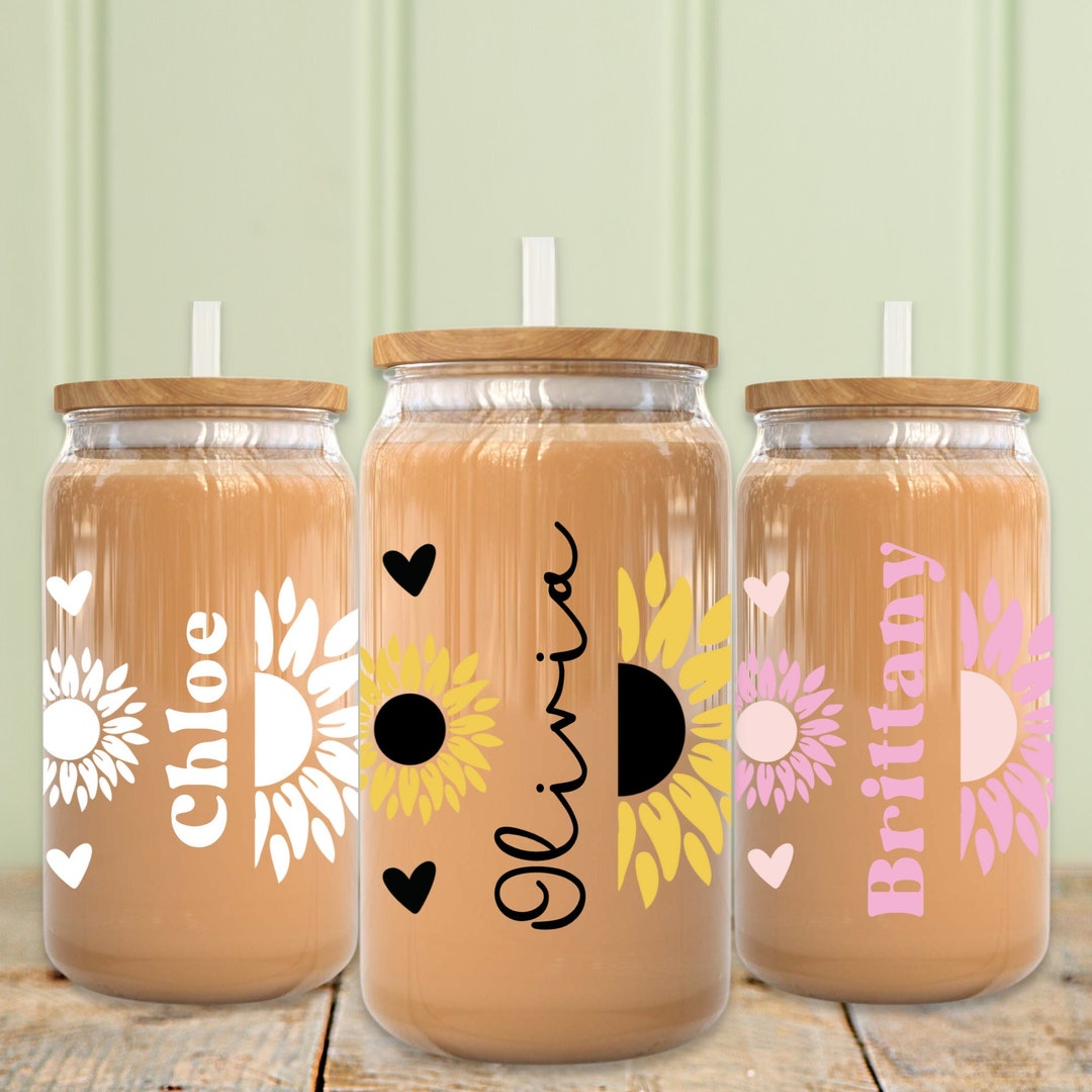 Personalized Sunflower Glass Cup Personalized Iced Coffee Etsy