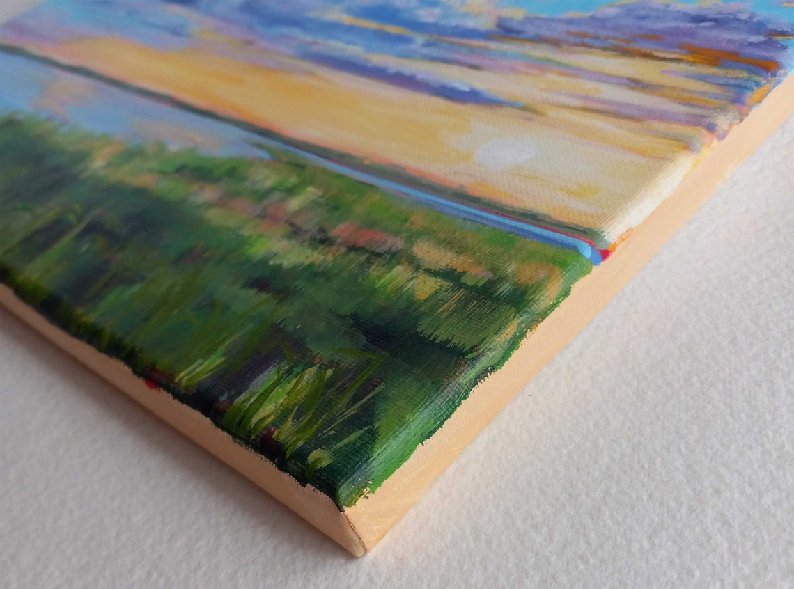 Sunset Over Marsh, Original Acrylic Painting on Stretched Canvas, 12” X ...