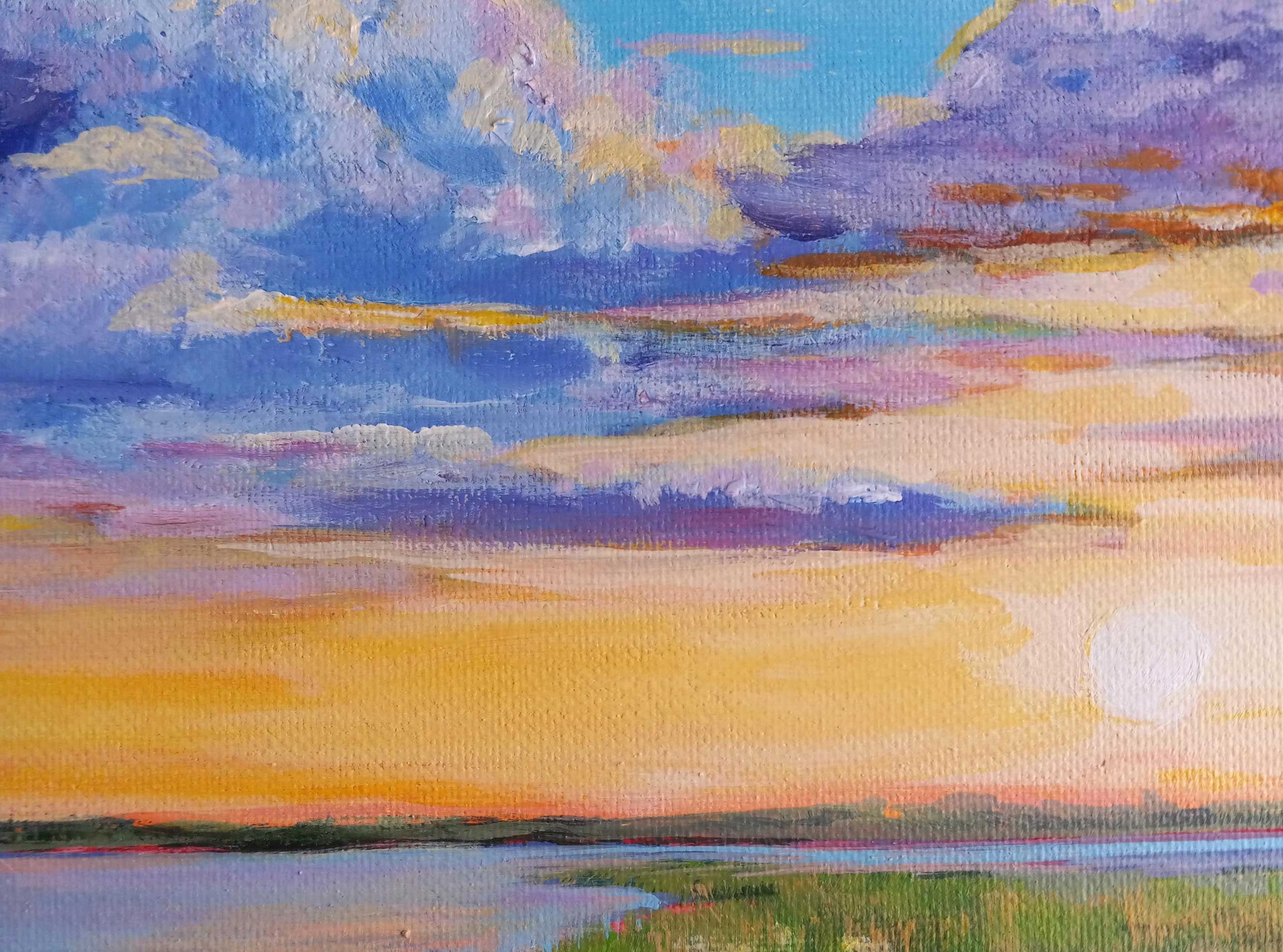 Sunset Over Marsh, Original Acrylic Painting on Stretched Canvas, 12” X ...