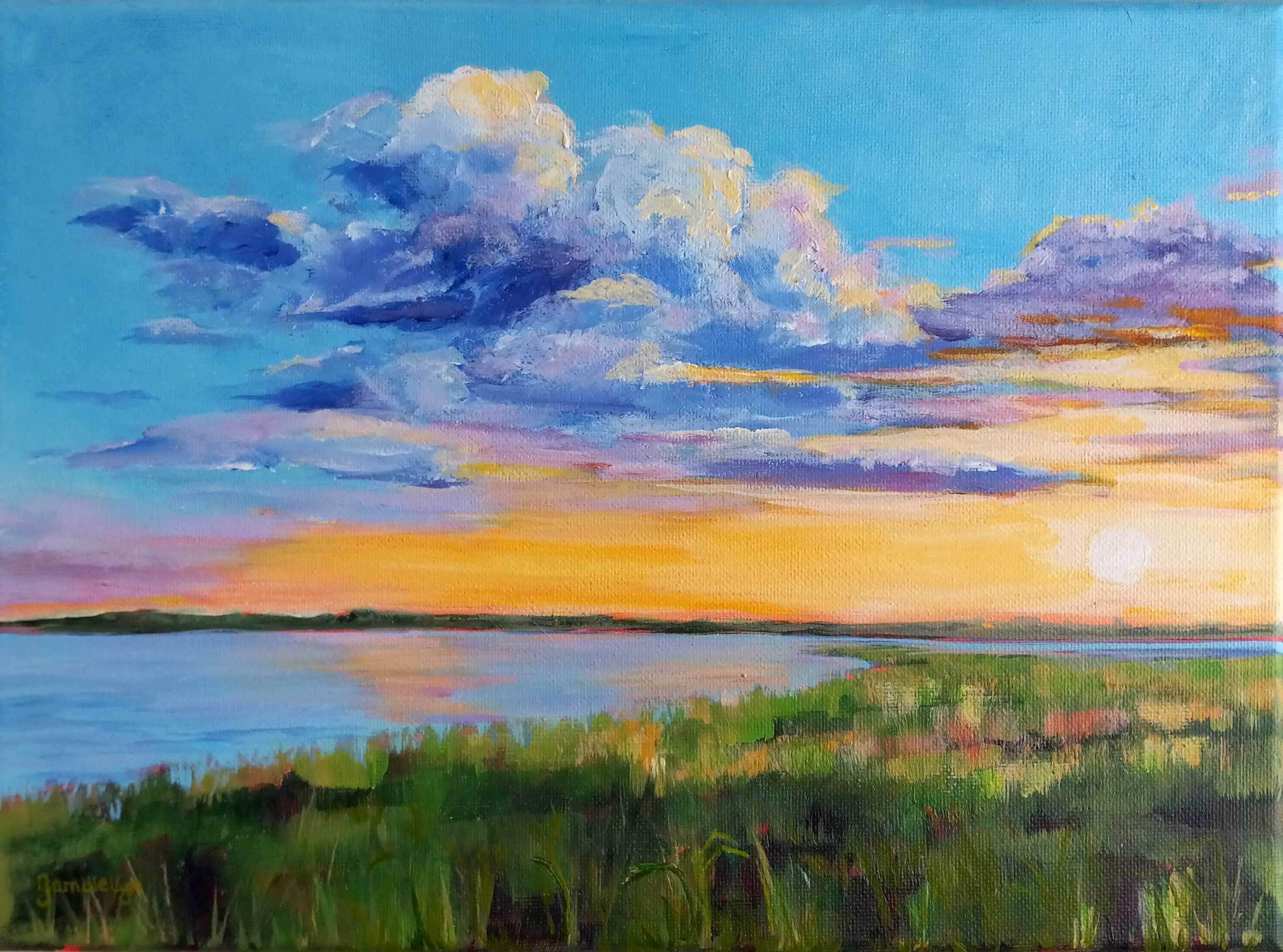 Sunset Over Marsh, Original Acrylic Painting on Stretched Canvas, 12” X ...