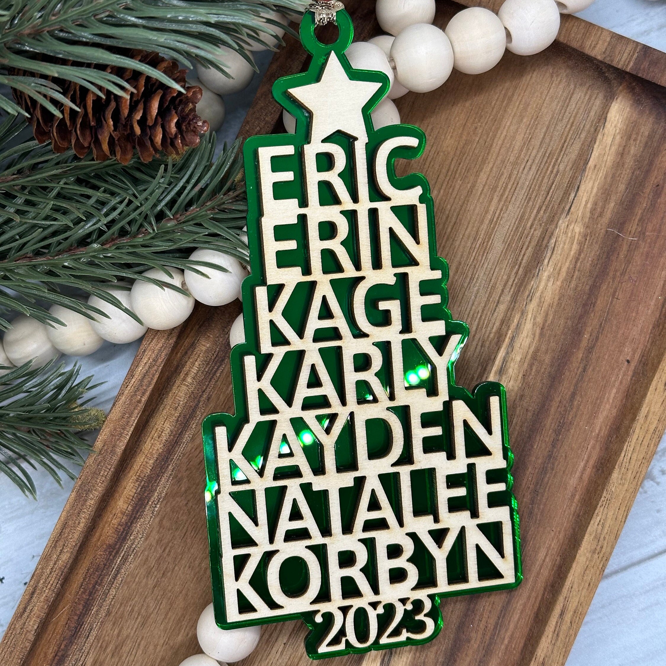 Personalized Family Names Christmas Tree Ornament: Green Acrylic ...
