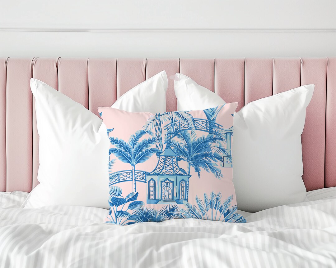 Pink and Blue Pillow Chinoiserie Pillow Preppy Pillows Dorm Pillow ...