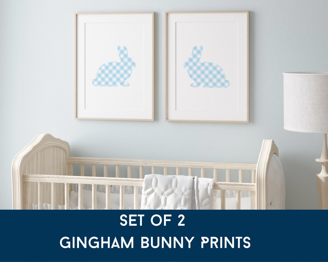 Set of 2 Light Blue Gingham Wall Art Prints, Artwork for Baby Boys Nursery, Play Room Wall Decor ...