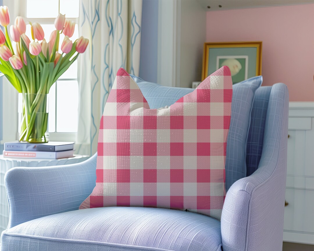 Hot Pink Pillow Couch Cushion Cover Pillowcover Pink Check Plaid Pillow ...