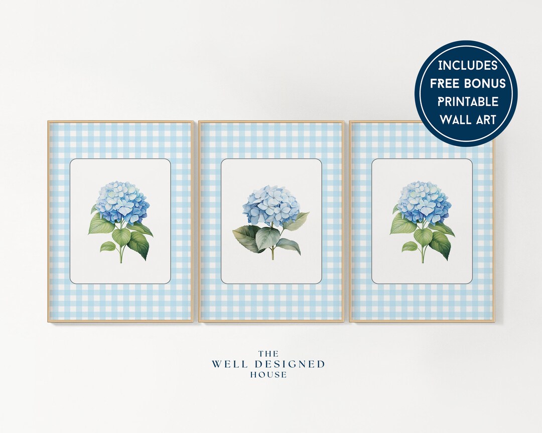 Set of 3 Hydrangea Prints, 3 Piece Wall Art, Light Blue Gingham, Gallery Wall Set of 3 Botanical ...